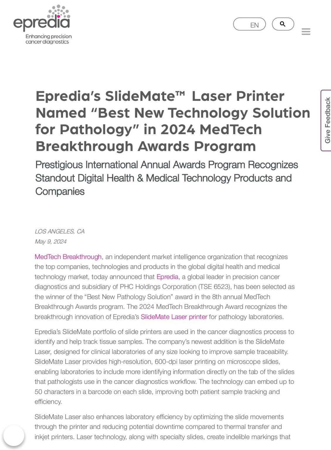 Epredia’s SlideMate™ Laser Printer Named “Best New Technology Solution for Pathology” in 2024 ...